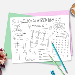 Adam and Eve, Printable Bible Activity Placemat, Sunday School, Kids ...