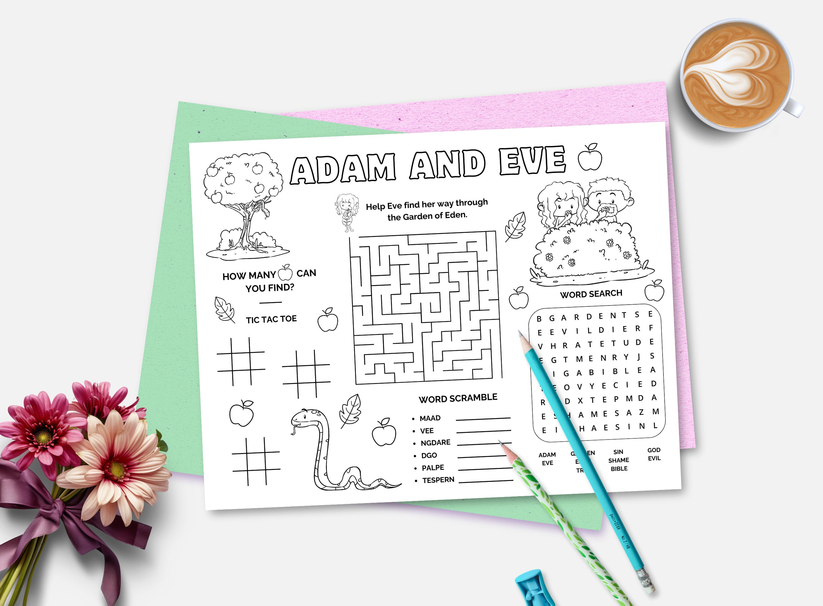 Adam and Eve, Printable Bible Activity Placemat, Sunday School, Kids ...