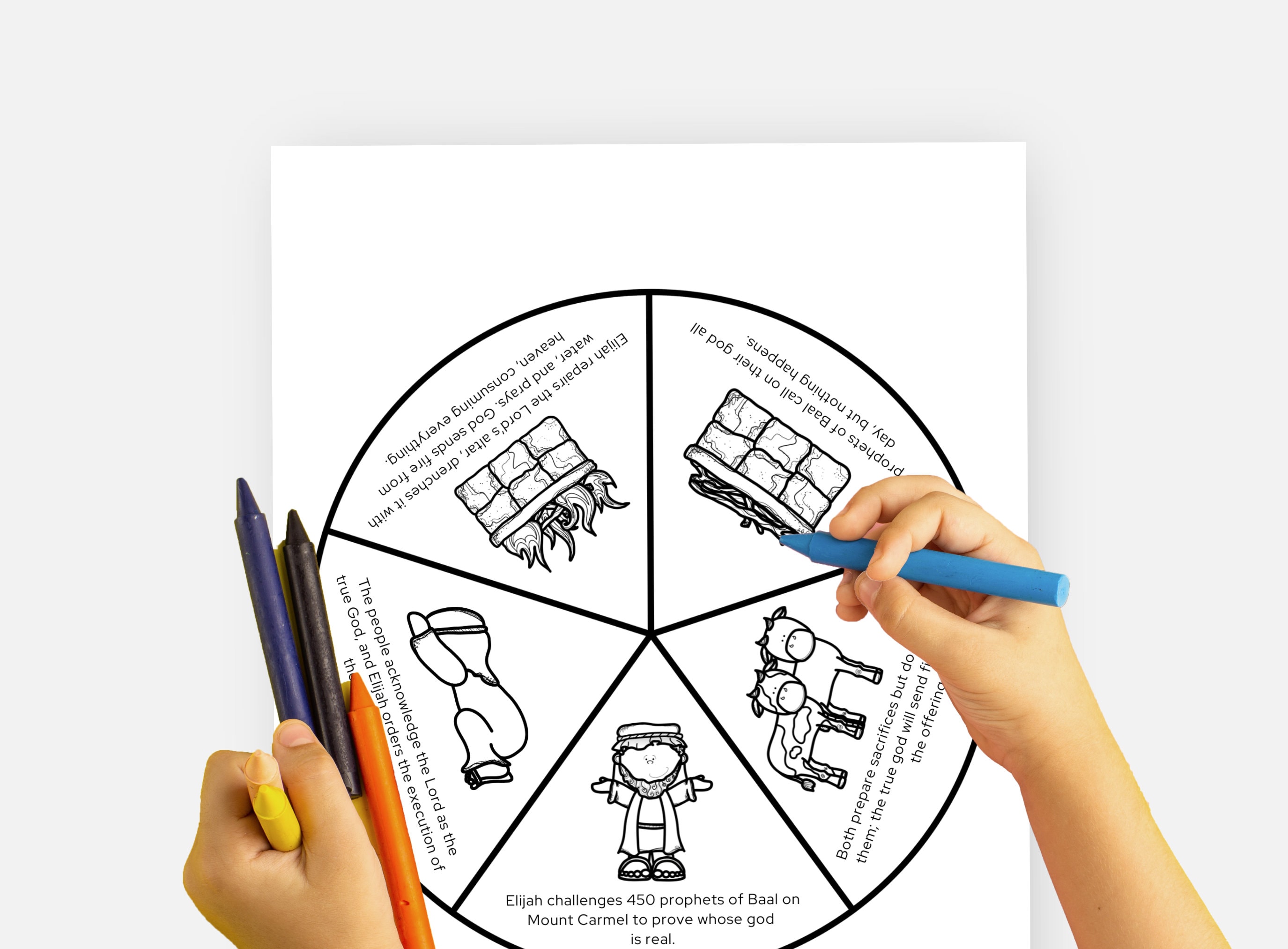 Elijah and the Prophets of Baal, Printable Bible Coloring Wheel, Sunday ...