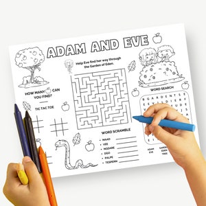 Adam and Eve, Printable Bible Activity Placemat, Sunday School, Kids ...