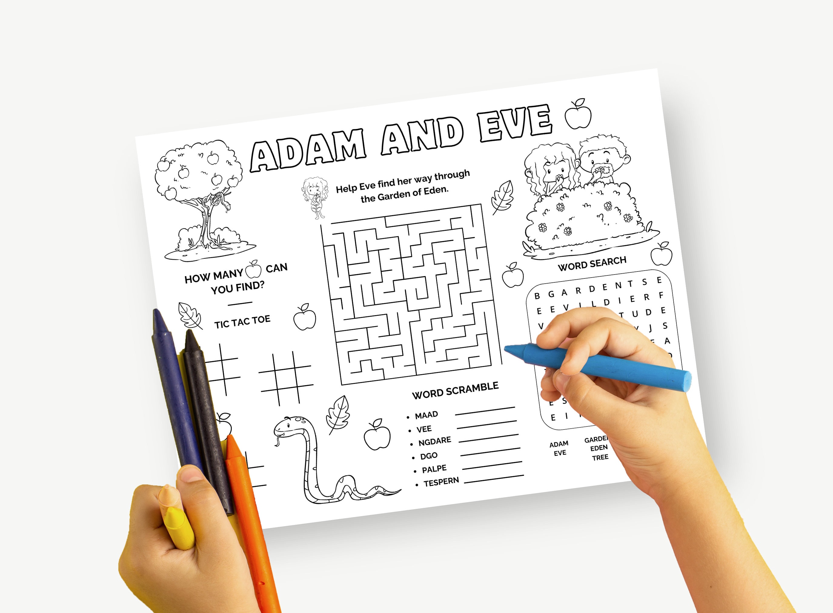 Adam and Eve, Printable Bible Activity Placemat, Sunday School, Kids ...