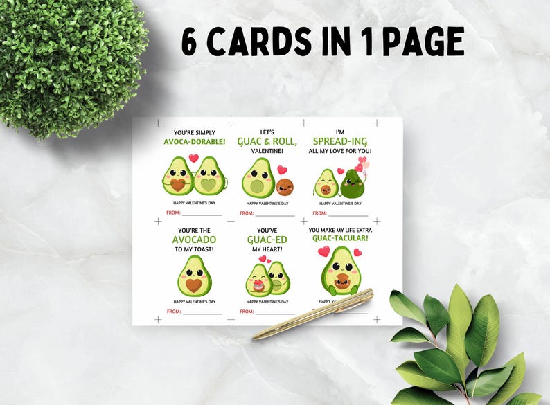 Avocado Valentine, Printable Classroom Valentines, Student Gift Tags ...