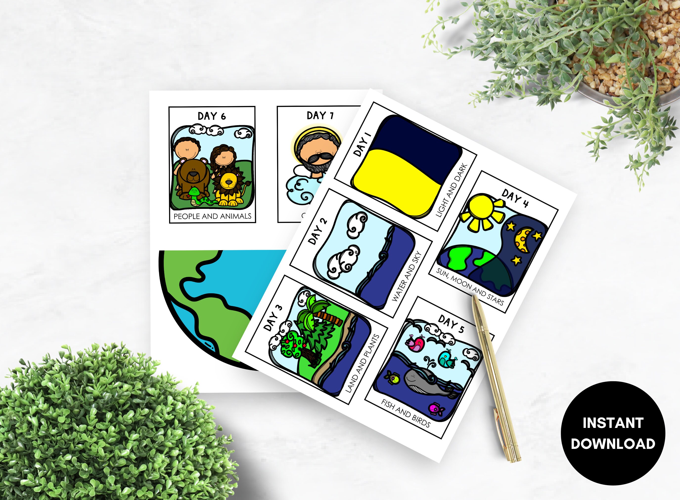 7 Days of Creation, Printable Bible Lesson Coloring Craft, Sunday ...