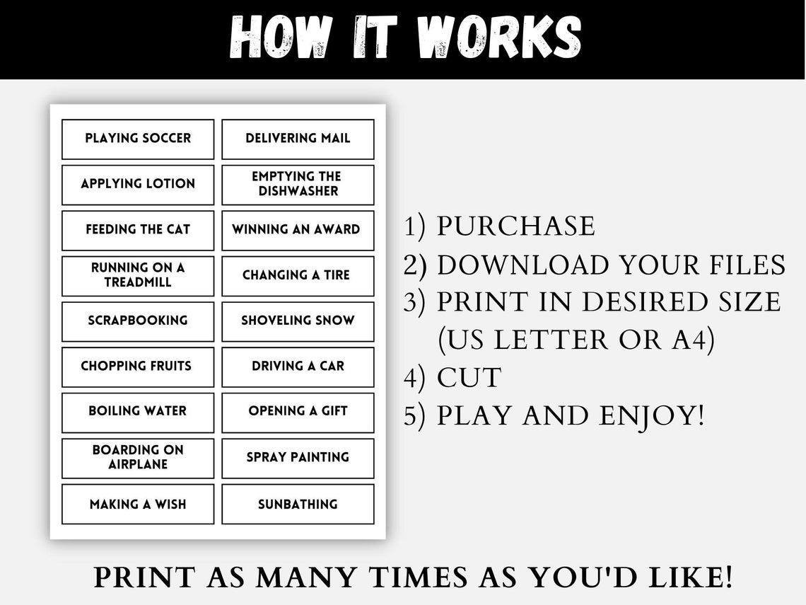 Printable Charades Game, 70 Fun Words and Actions, Charades, Charades ...