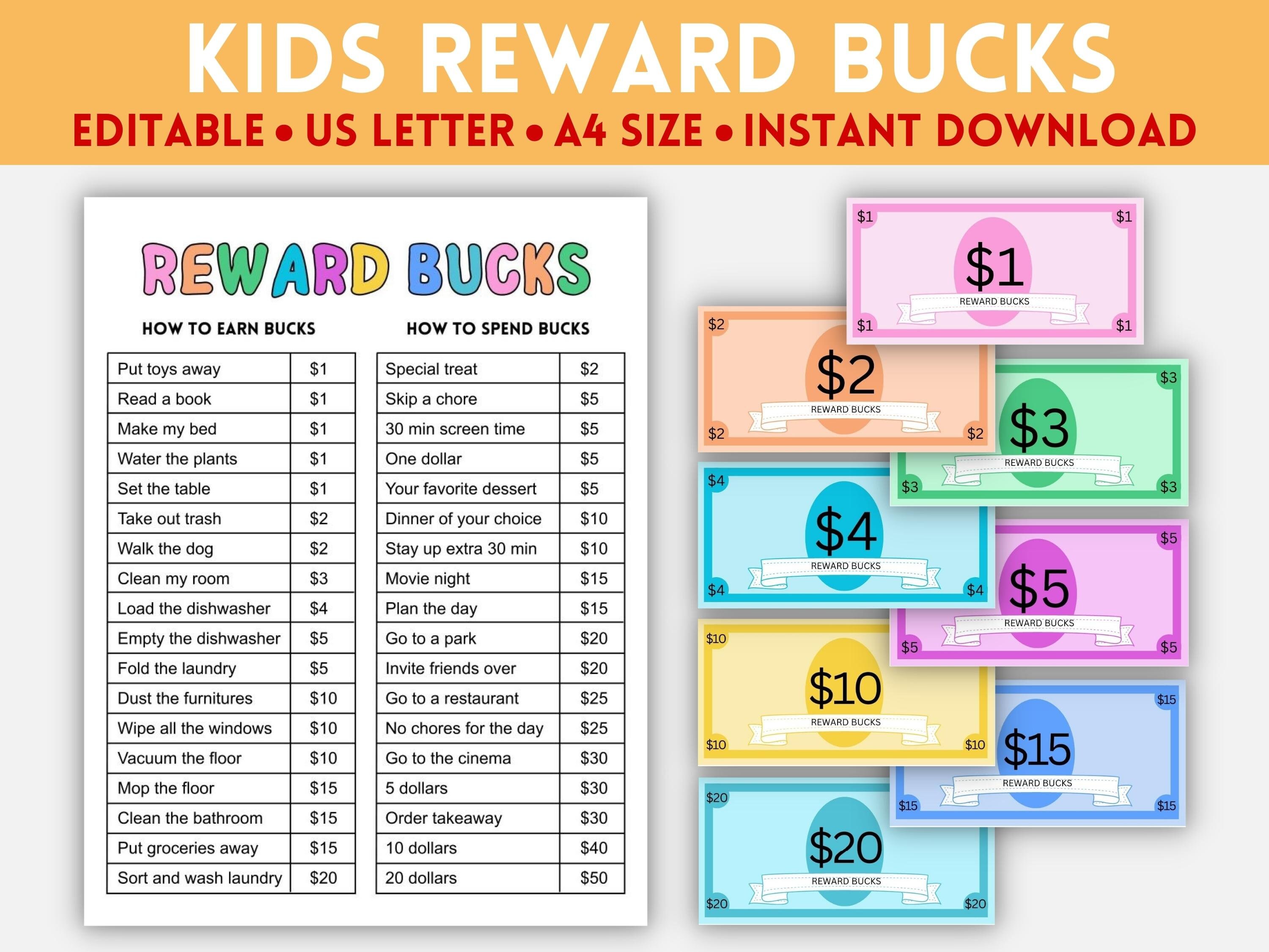 Kids Reward Bucks, Kids Reward Coupons, Editable Reward Bucks, Mom ...