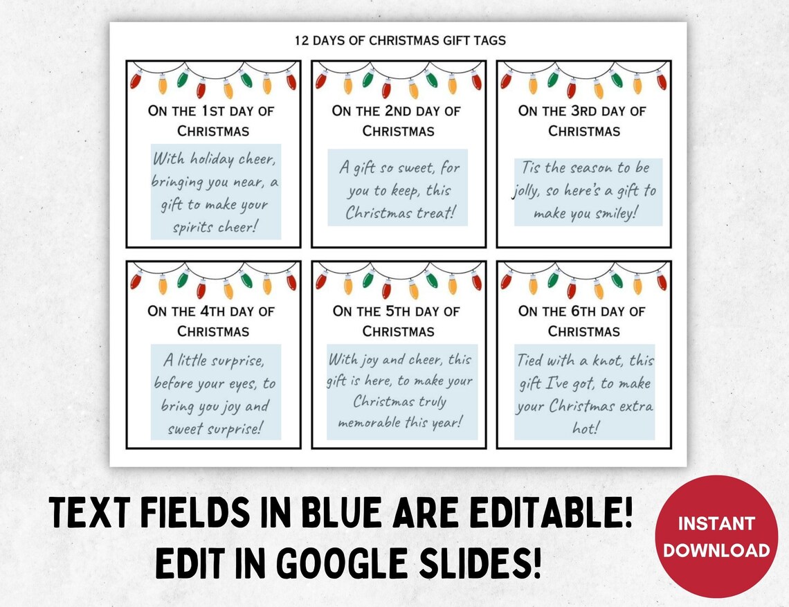Editable 12 Days of Christmas Printable Tags, 12 Days of Christmas Gift ...
