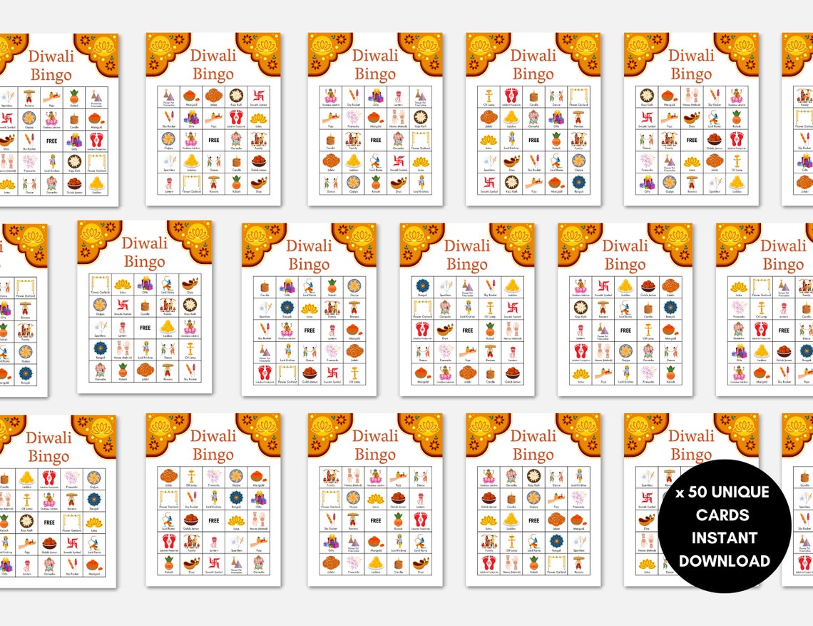 Diwali Bingo, 50 Diwali Bingo Cards, Printable Diwali Party Activity ...