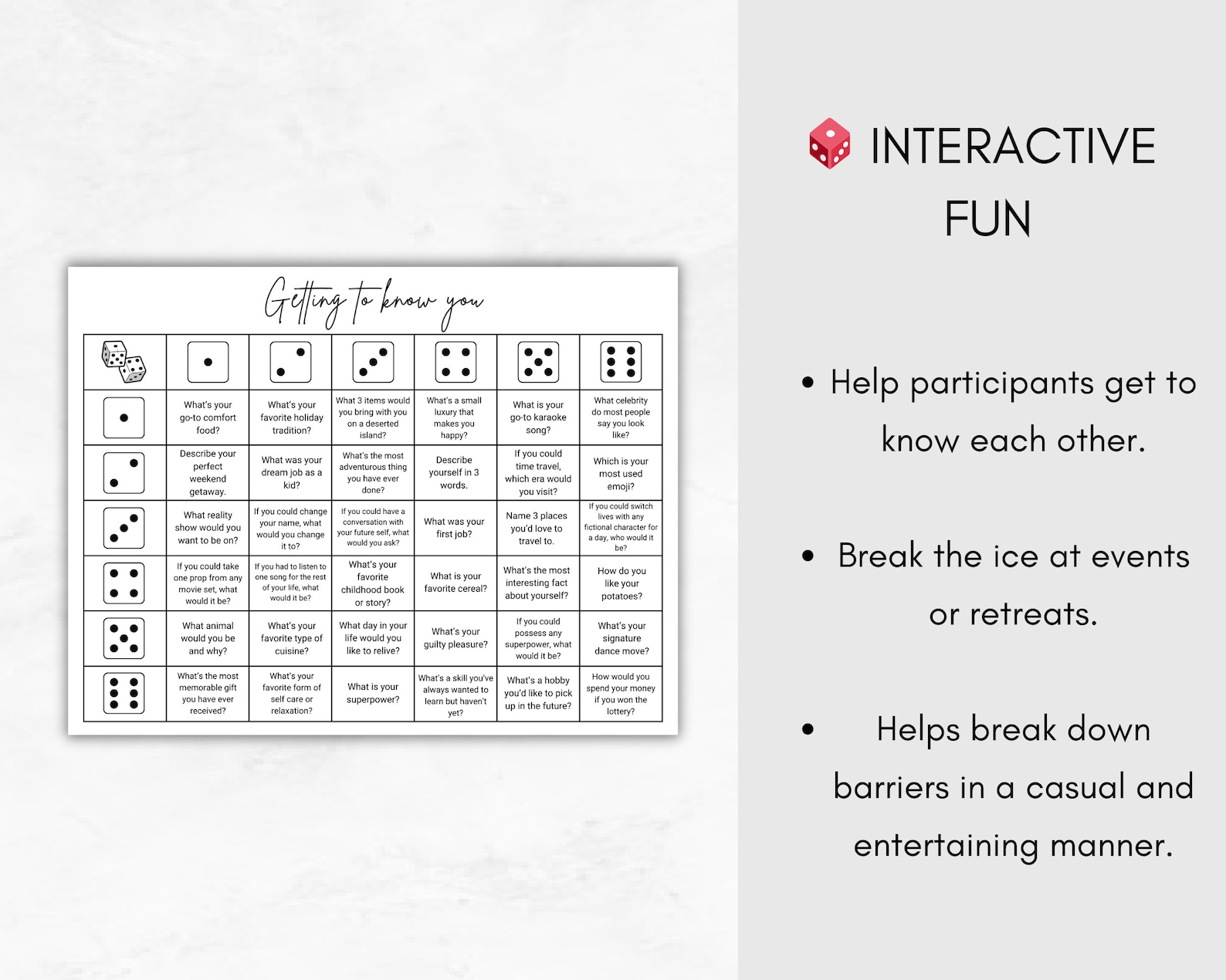 Printable Icebreaker Game, Get to Know You, Roll and Tell Dice Game ...