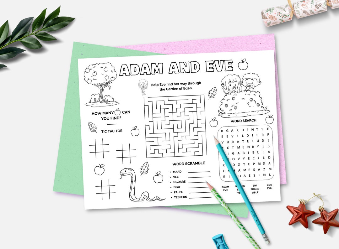 Adam and Eve, Printable Bible Activity Placemat, Sunday School, Kids ...