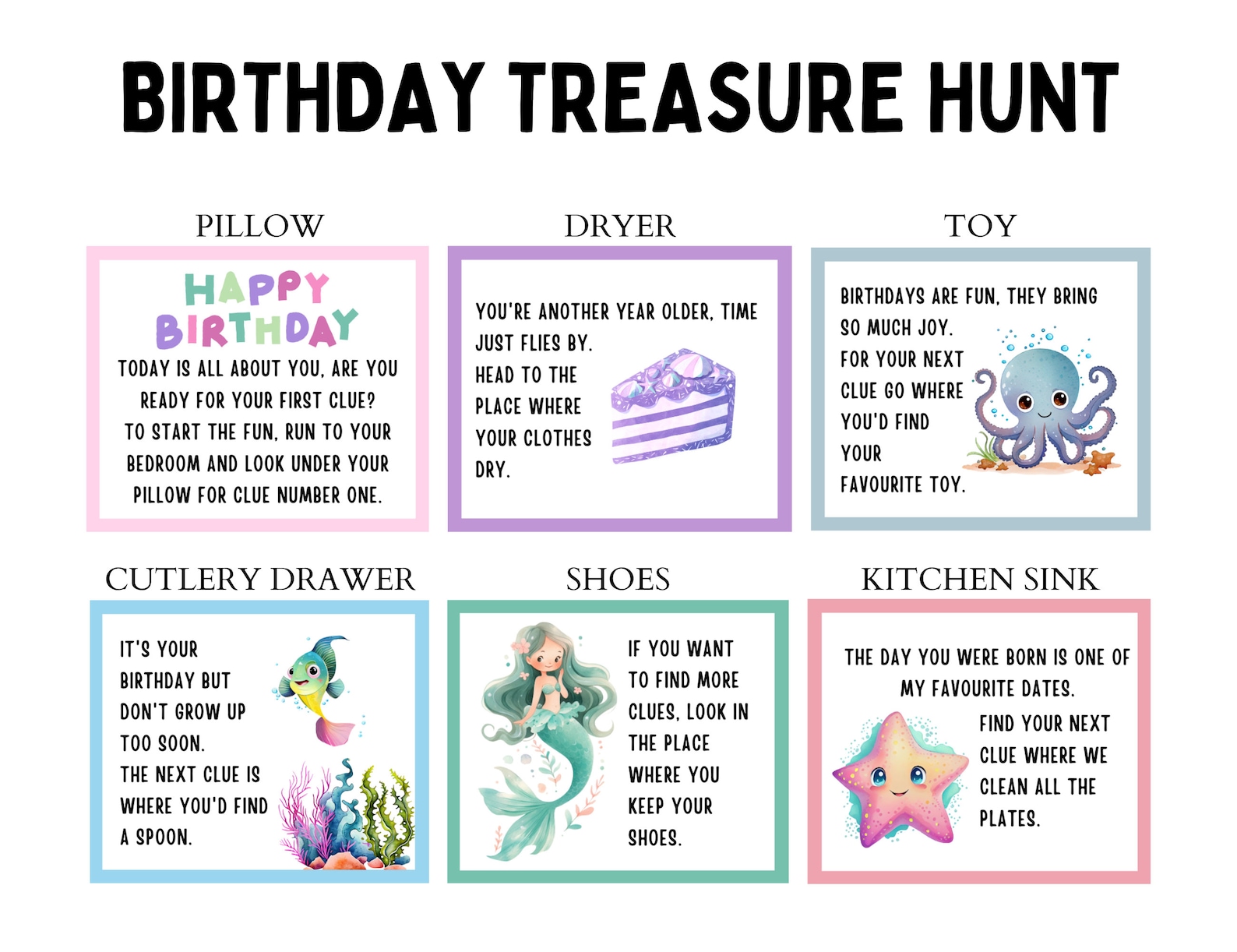 Mermaid Birthday Scavenger Hunt for Kids, Indoor Treasure Hunt Clues ...