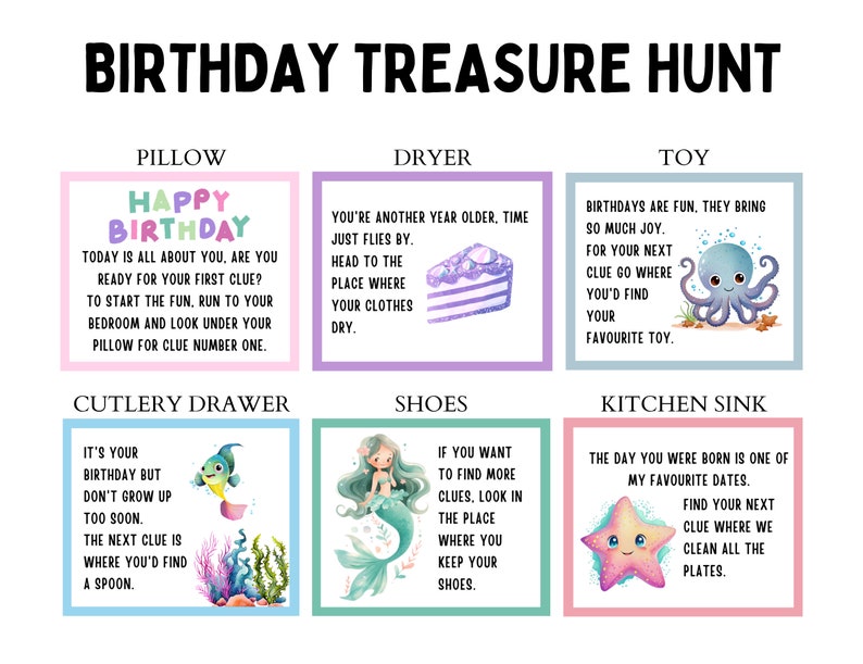 Mermaid Birthday Scavenger Hunt for Kids, Indoor Treasure Hunt Clues ...