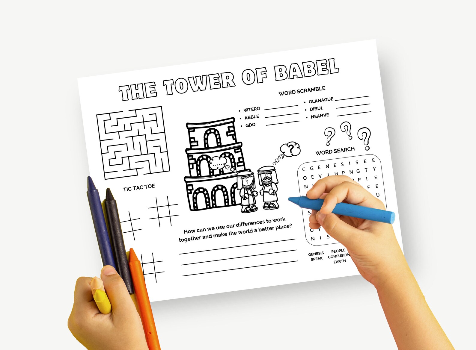 The Tower of Babel, Printable Bible Story Activity Placemat, Sunday ...