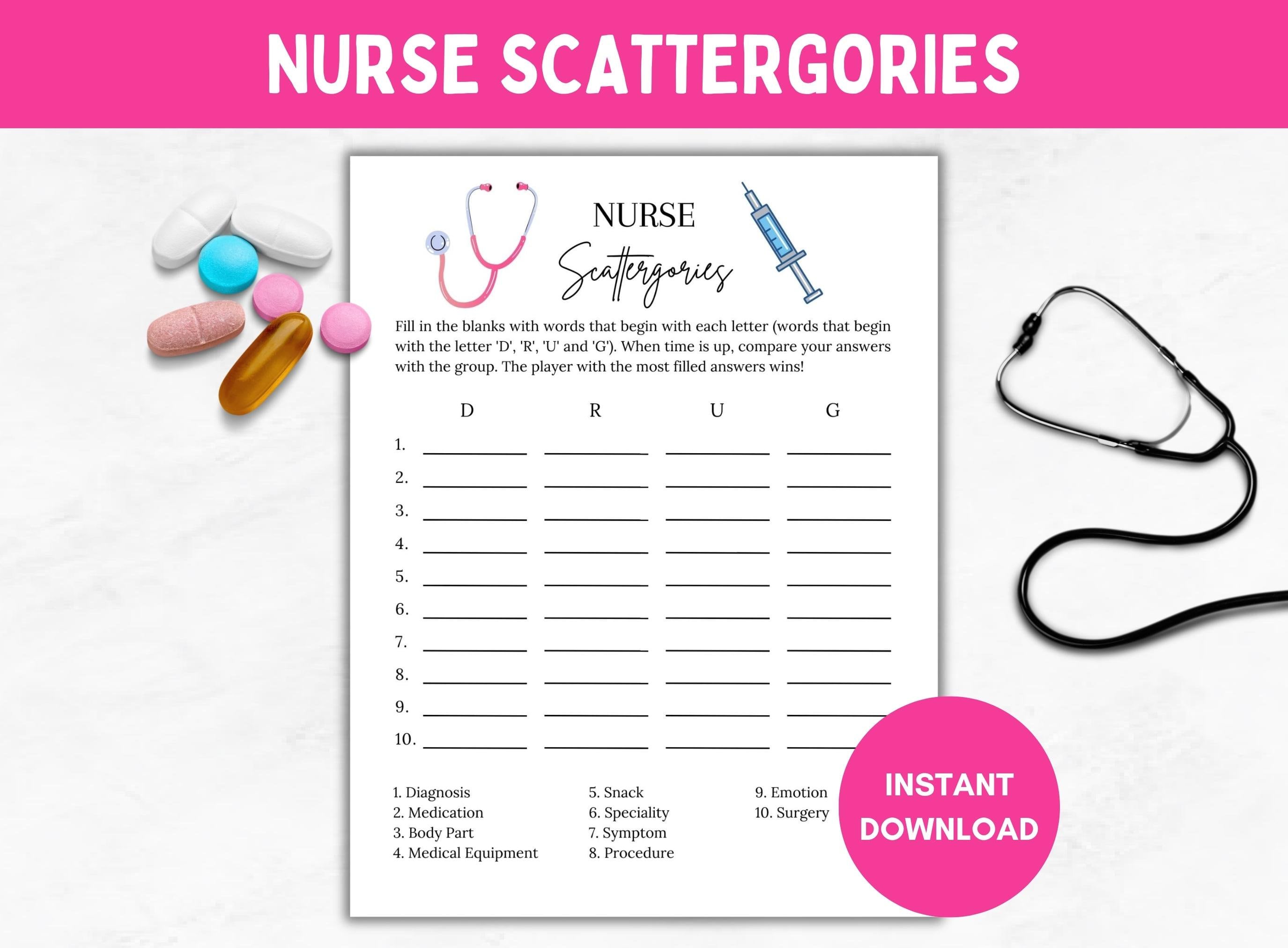 Printable Nurse Scattergories Game, Nursing Theme, Fun Graduation ...
