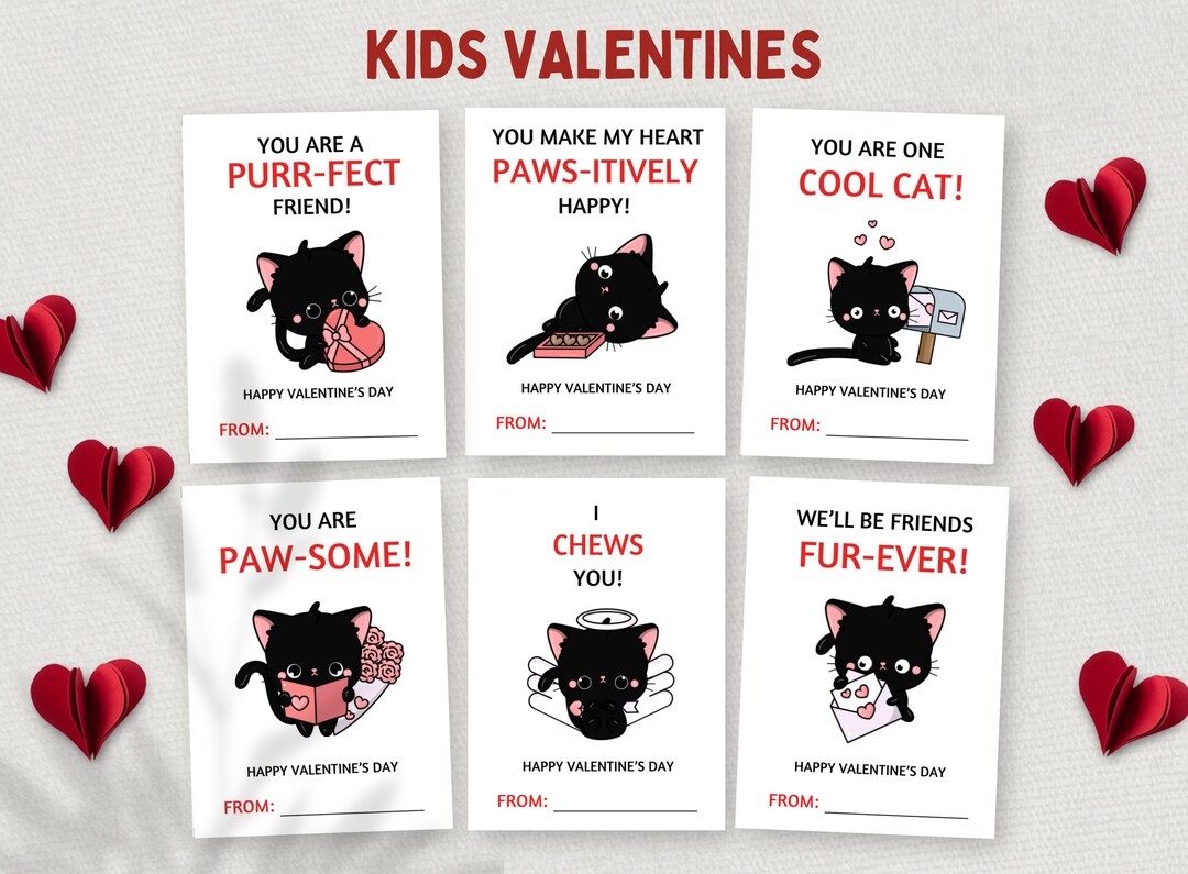 Black Cat Valentines, Fun School Valentine Gift Tags, Kids Classroom ...