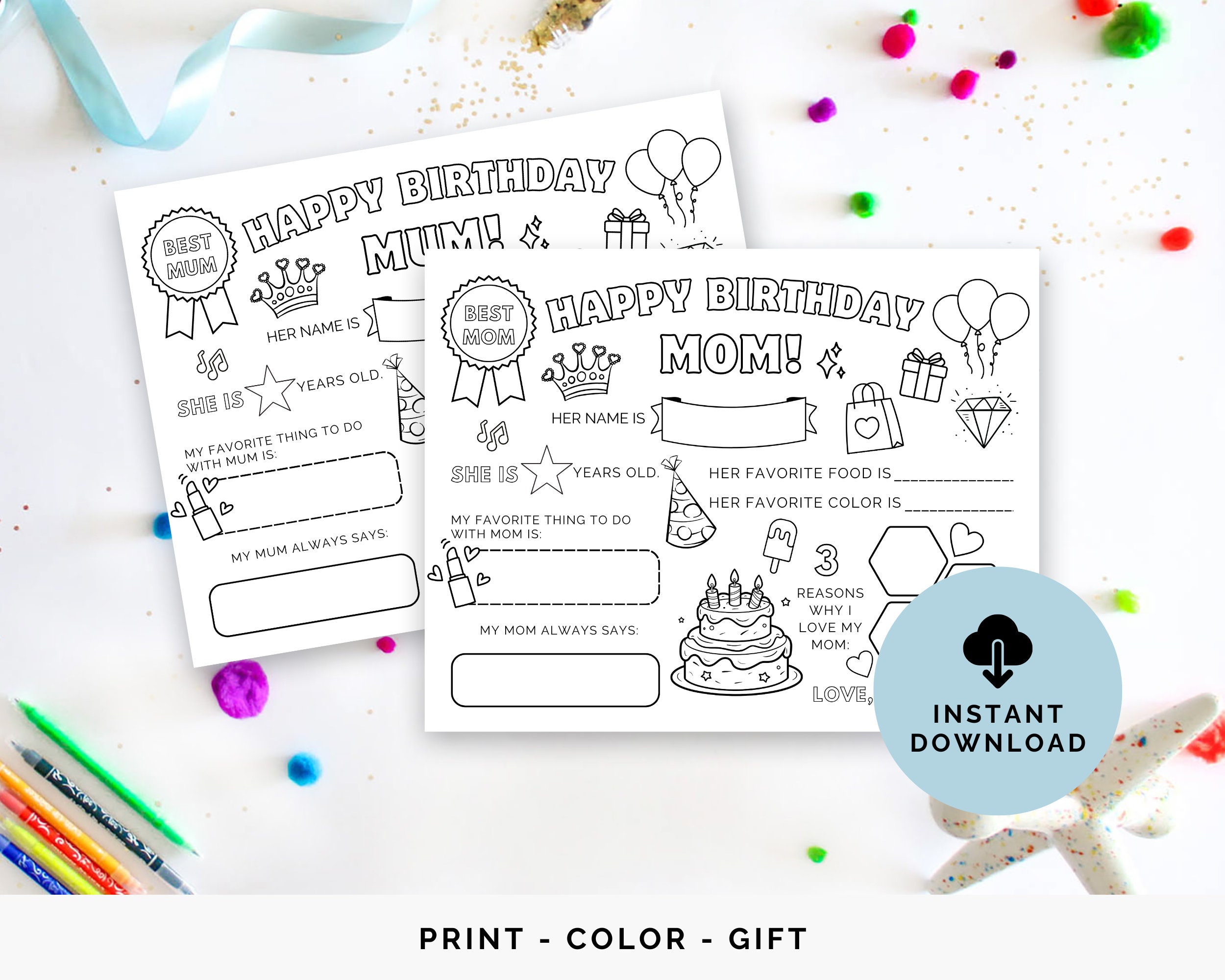 Happy Birthday Mom Coloring Page, All About My Mum Fill in the Blanks ...