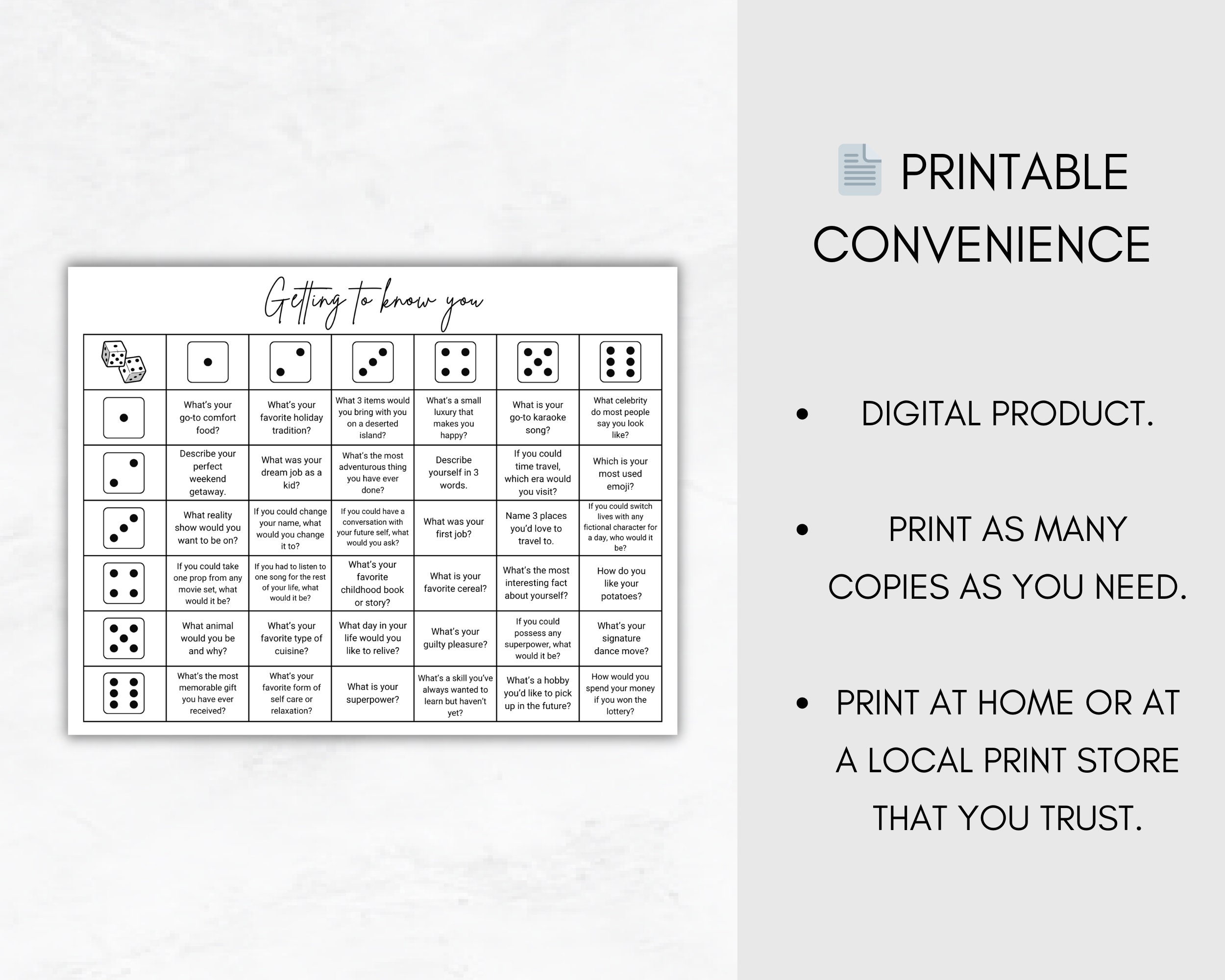 Printable Icebreaker Game, Get to Know You, Roll and Tell Dice Game ...