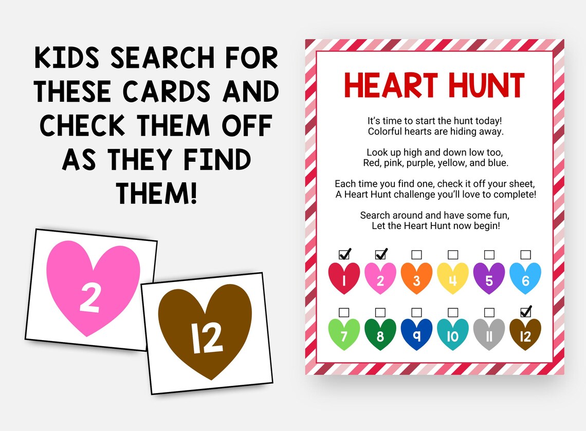Valentines Scavenger Hunt, Hearts Hunt, Valentines Day Games, Treasure ...
