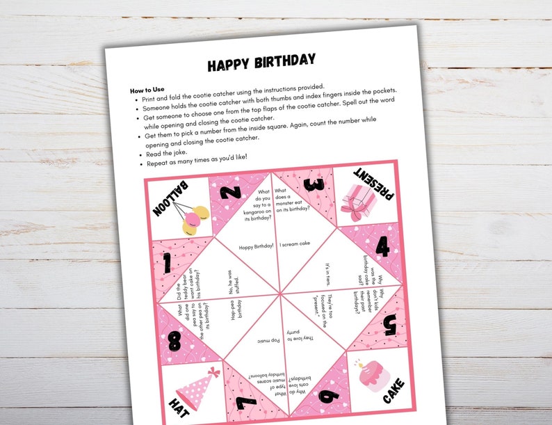 Birthday Jokes Cootie Catcher, Printable Paper Craft, Funny Fortune ...