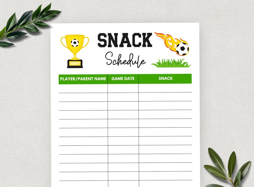 Soccer Snack Signup Sheet, Printable Game Day Snack List, Soccer Snack ...