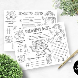 Noah's Ark, Printable Bible Activity Placemat, Sunday School, Kids ...