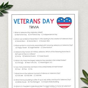 Veterans Day Trivia, Fun Printable Veterans Day Game for Kids and ...