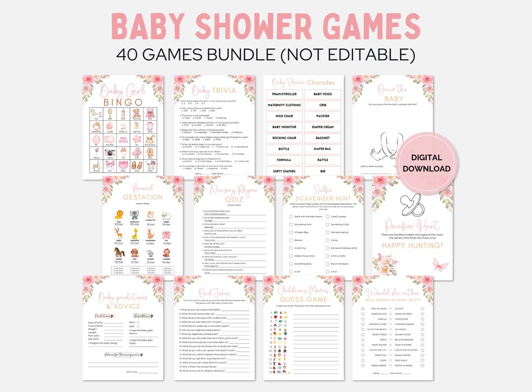 Pink Baby Shower Game Bundle, 40 Floral Baby Shower Games, Girl Baby ...