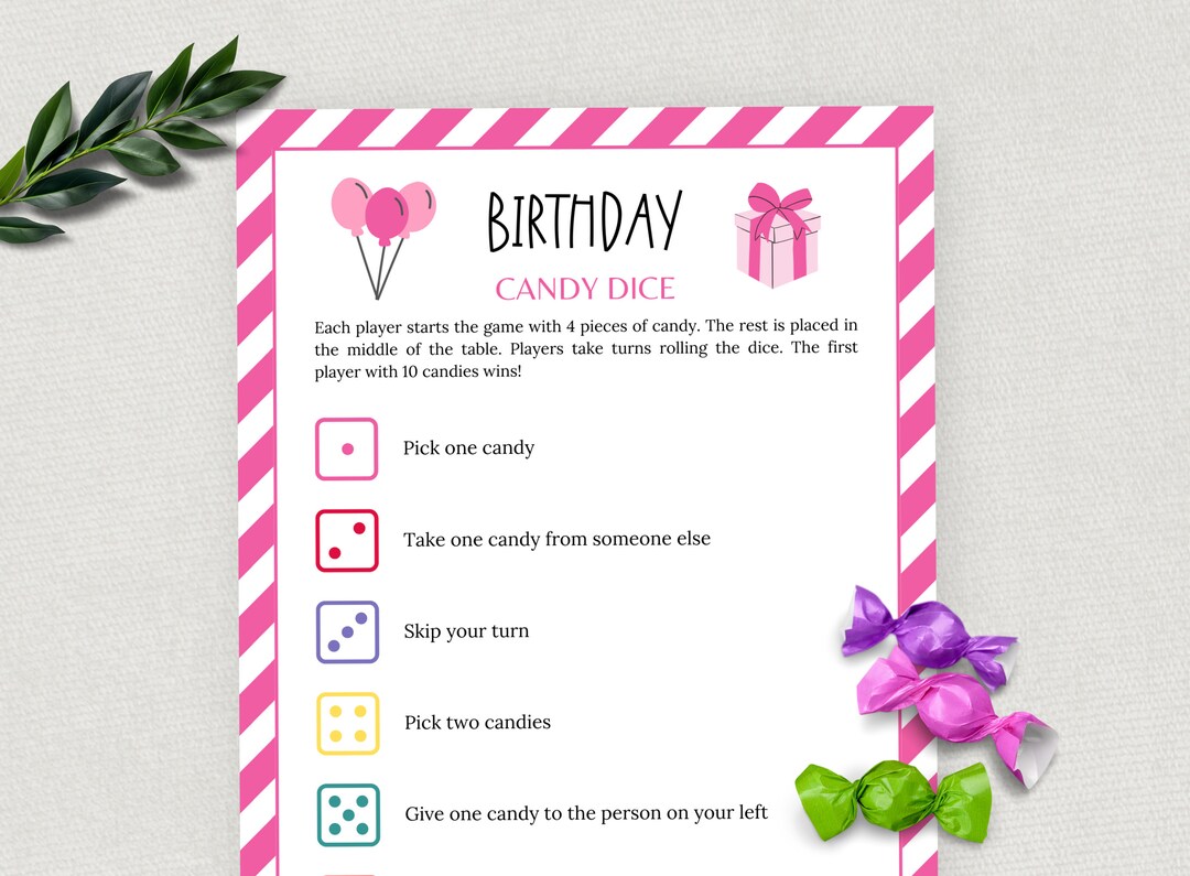 Pink Birthday Candy Dice Game, Printable Girl Birthday Party Game, Fun ...