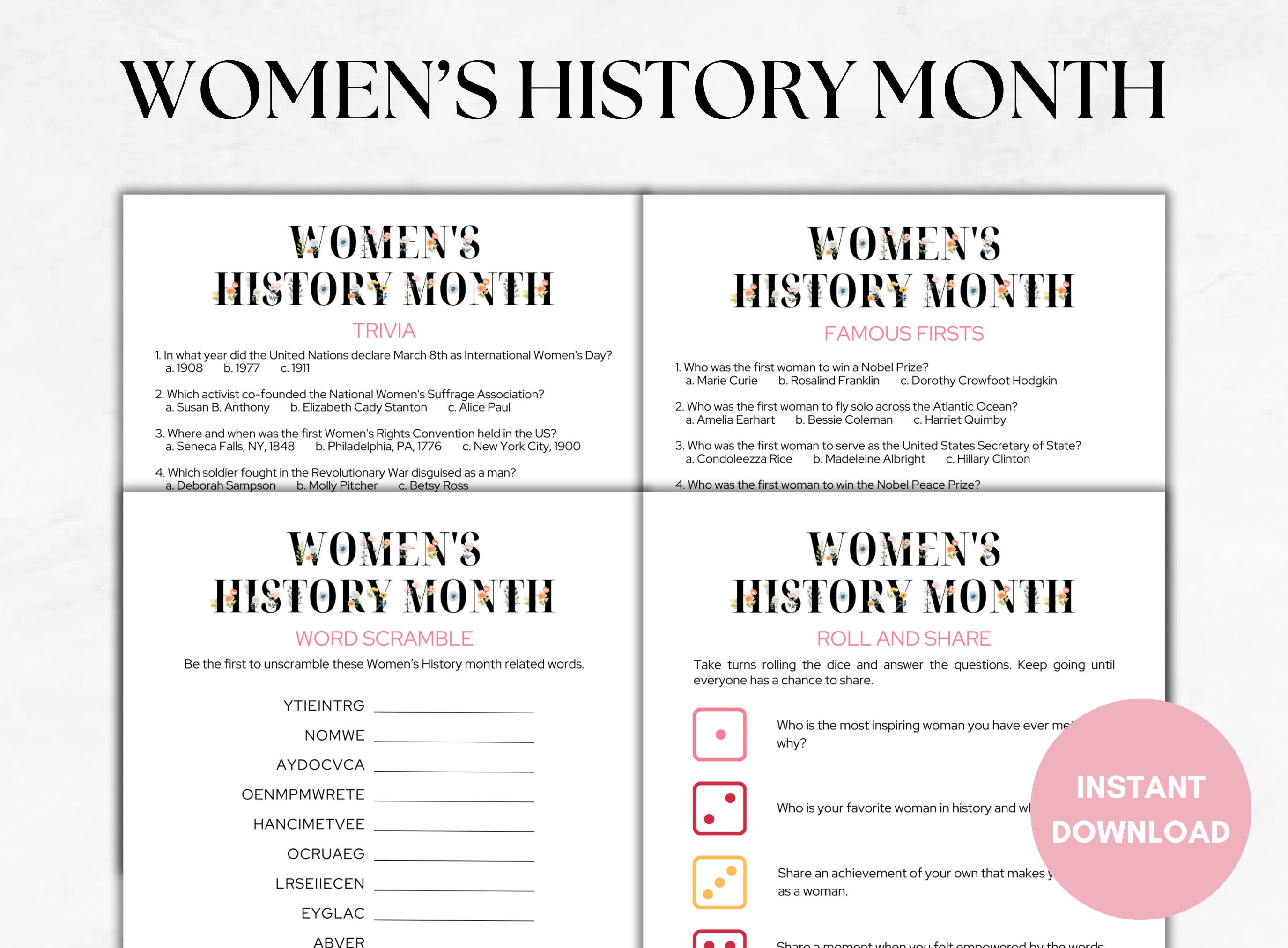 8 Printable Women's History Month Games, International Women's Day ...