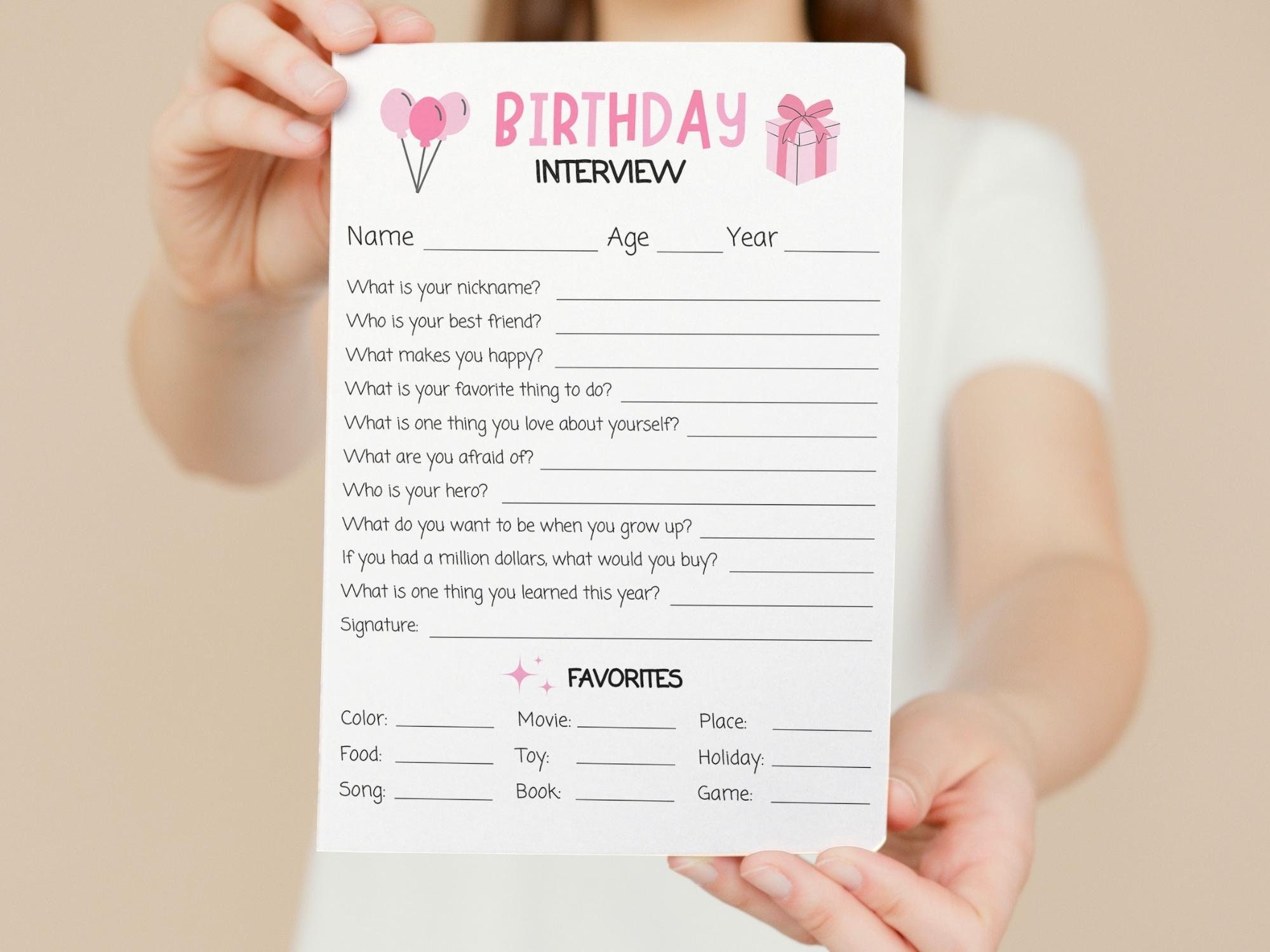 Pink Kids Birthday Interview, All About Me, Annual Interview Questions ...