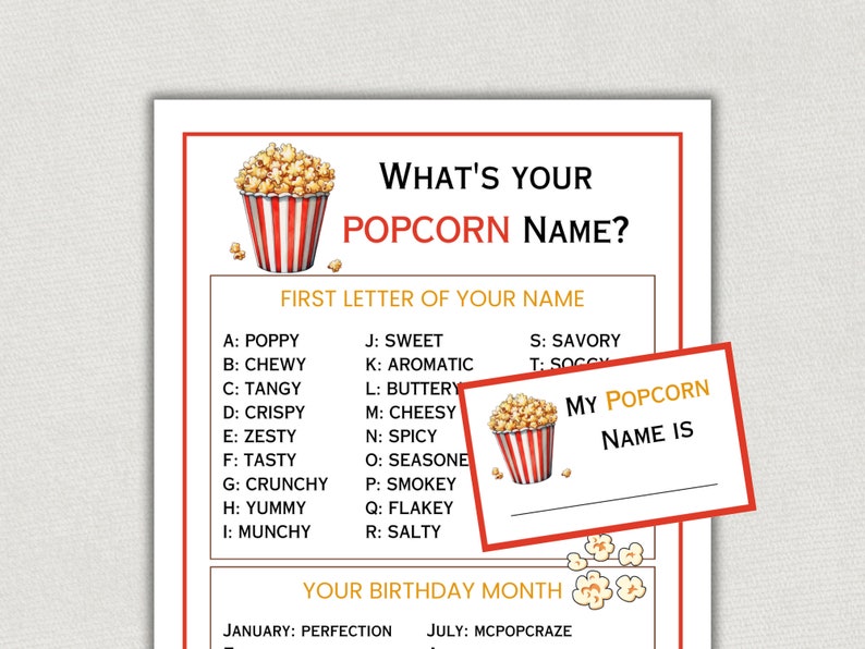Whats Your Popcorn Name, Name Sign & Tags, Birthday Party Game ...