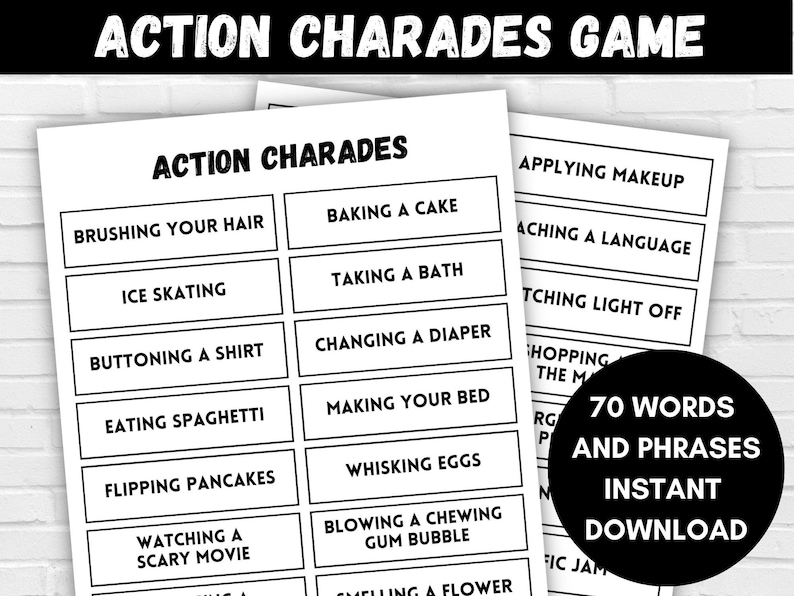 Printable Charades Game 70 Fun Words and Actions Charades - Etsy Australia