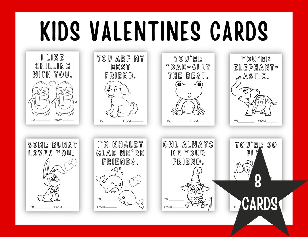Animal Valentines, Printable Valentine Day Cards for Kids, Coloring ...