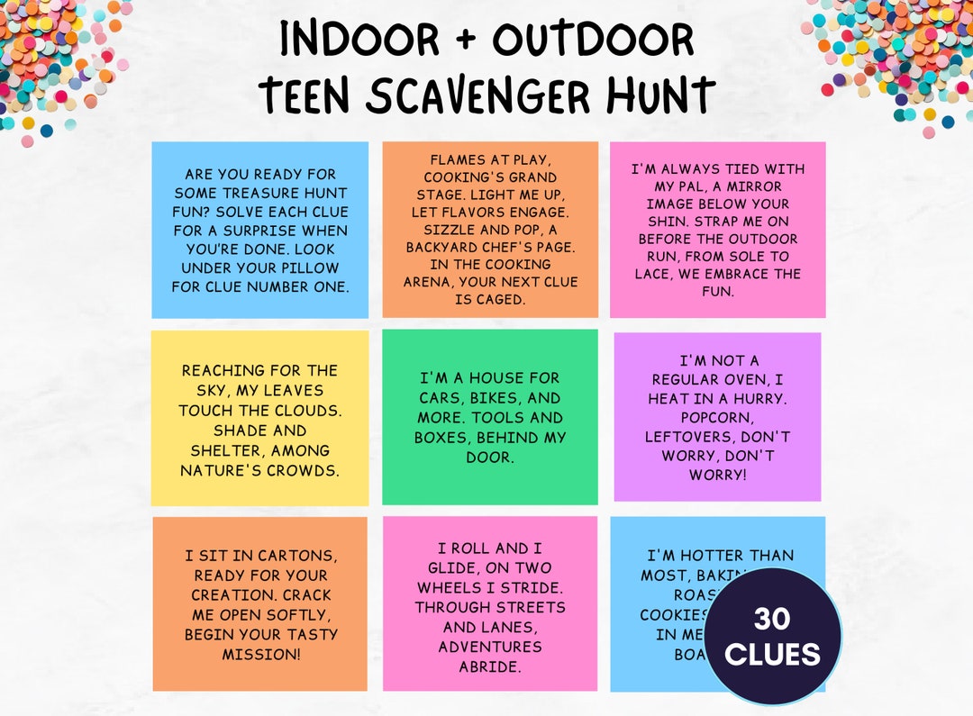 Indoor and Outdoor Scavenger Hunt, Teen and Tween Treasure Hunt Clues ...