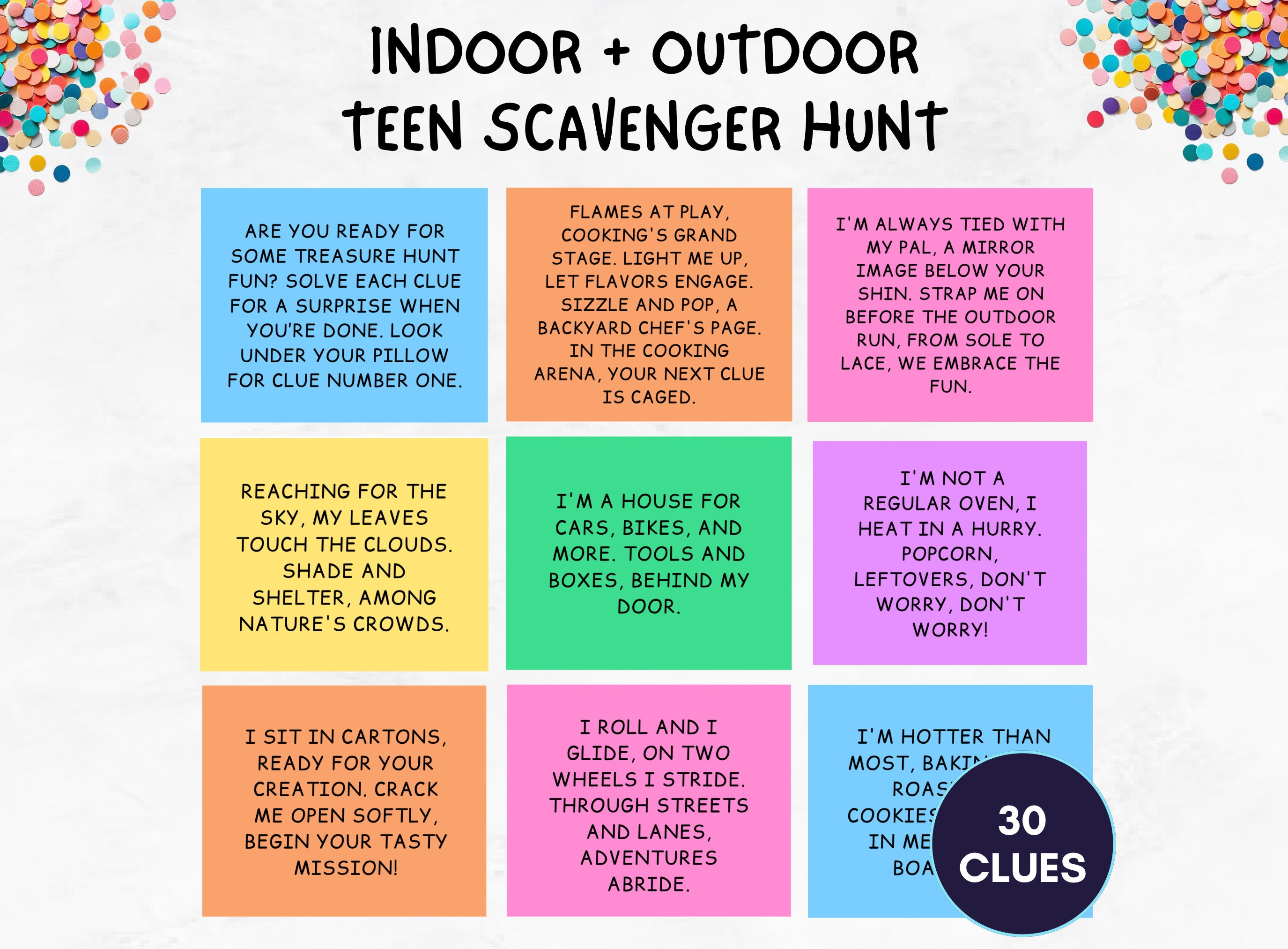 Indoor and Outdoor Scavenger Hunt, Teen and Tween Treasure Hunt Clues ...