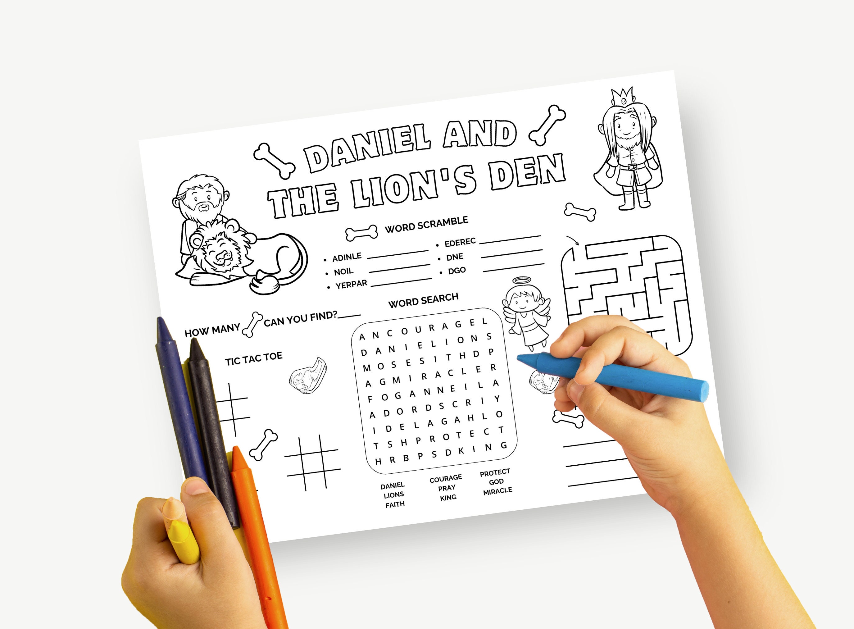 Daniel in the Lion's Den, Printable Kids Bible Activity Placemat, Sunday School, Bible Story ...