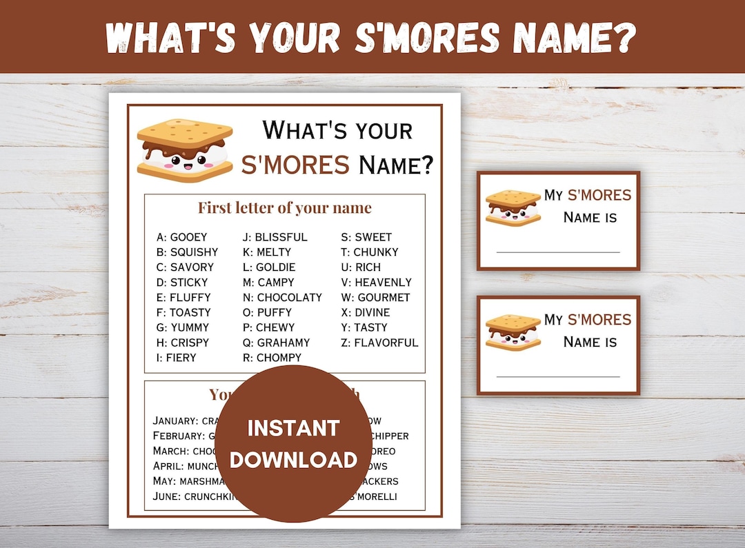 What's Your S'mores Name, S'mores Party, S'more Name Sign & Name Tags ...