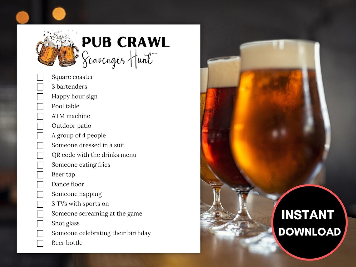 Bar Crawl Scavenger Hunt, Pub Crawl Scavenger Hunt, Pub Crawl Game, Bar ...