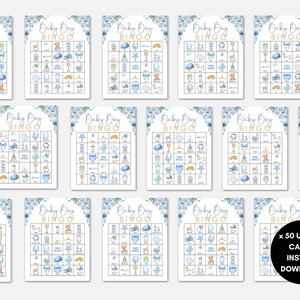Baby Boy Bingo, Baby Shower Bingo, 50 Watercolor Blue Floral Bingo ...