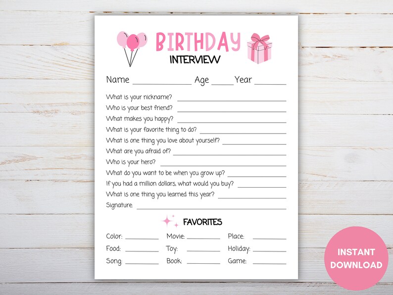 Pink Kids Birthday Interview, All About Me, Annual Interview Questions ...