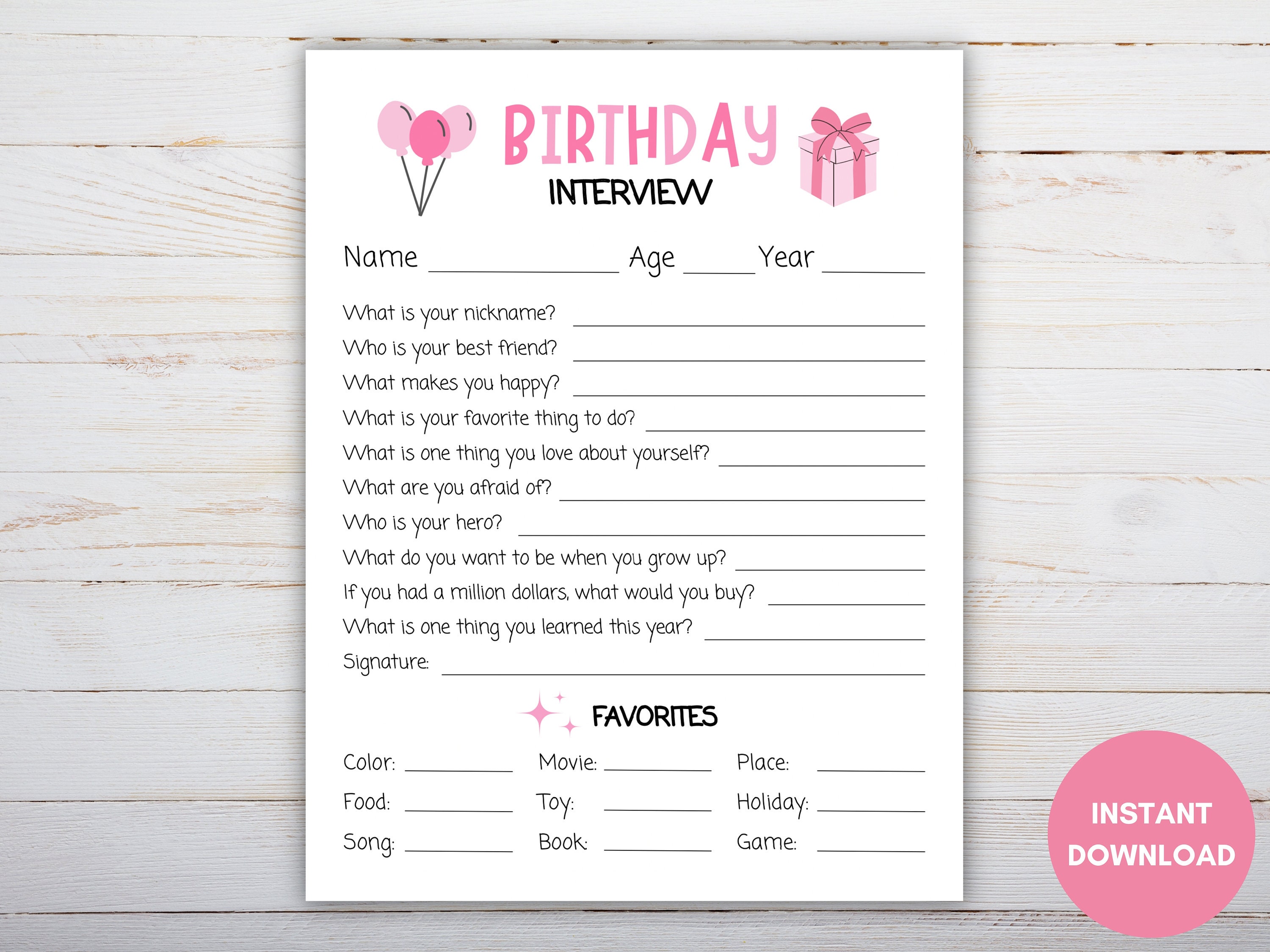 Pink Kids Birthday Interview, All About Me, Annual Interview Questions ...