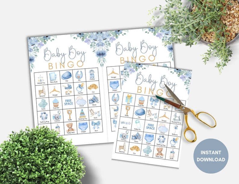 Baby Boy Bingo, Baby Shower Bingo, 50 Watercolor Blue Floral Bingo ...