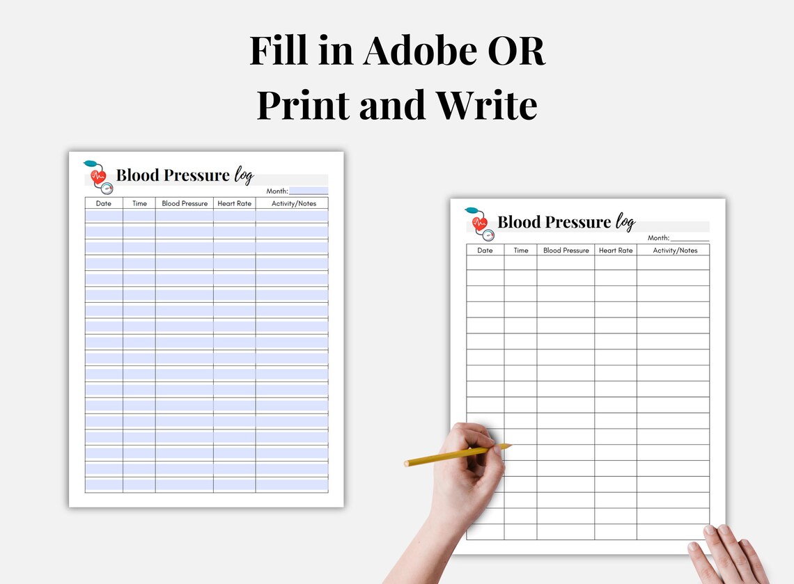 Blood Pressure Log, Printable BP Tracker, Monthly Vitals Medical Chart ...