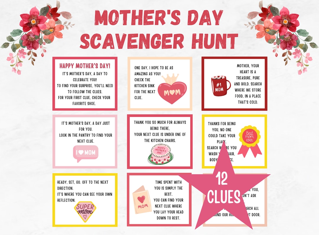 Mother's Day Scavenger Hunt, Indoor Treasure Hunt Clues, Surprise ...