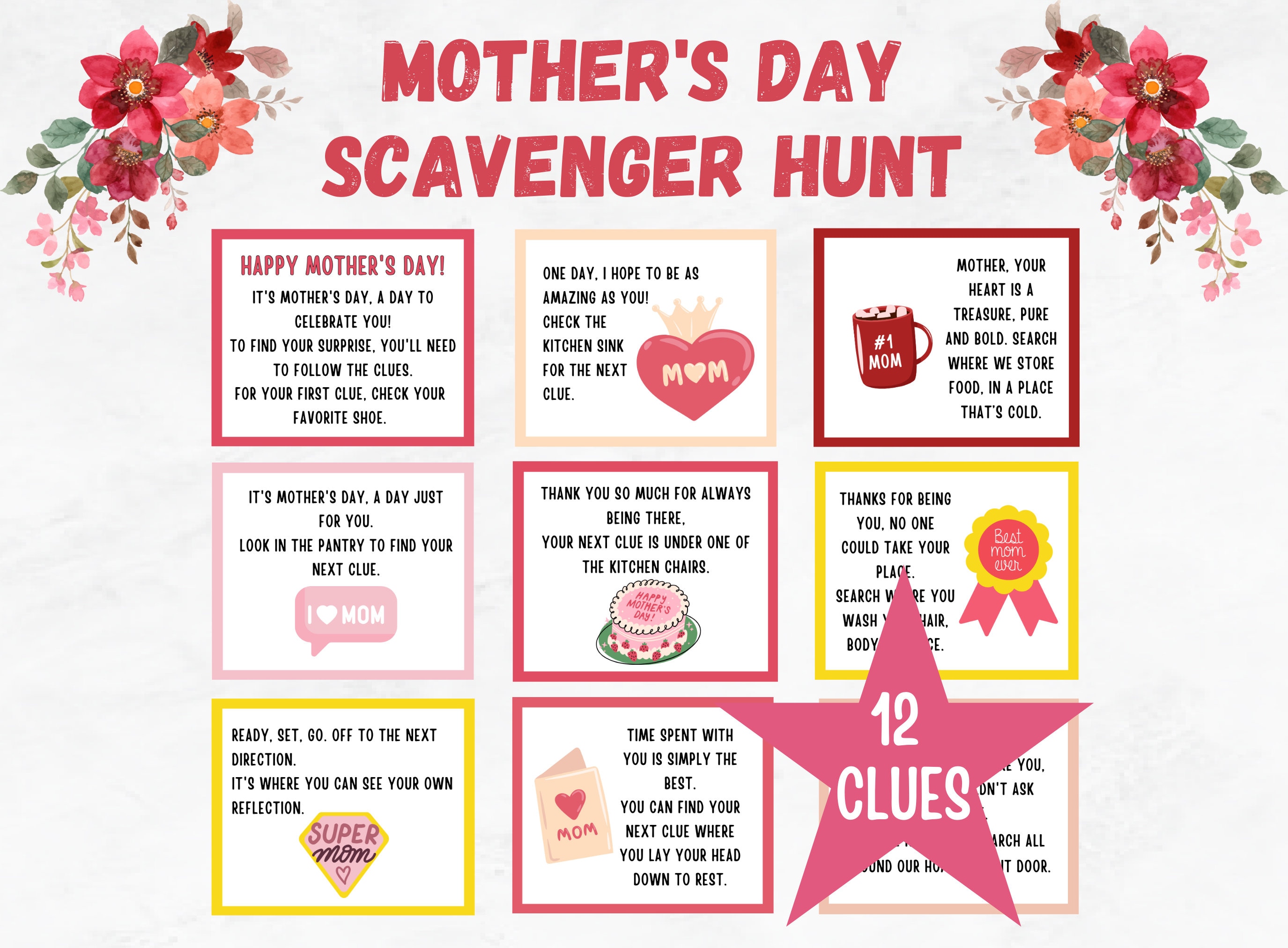 Mother's Day Scavenger Hunt, Indoor Treasure Hunt Clues, Surprise ...
