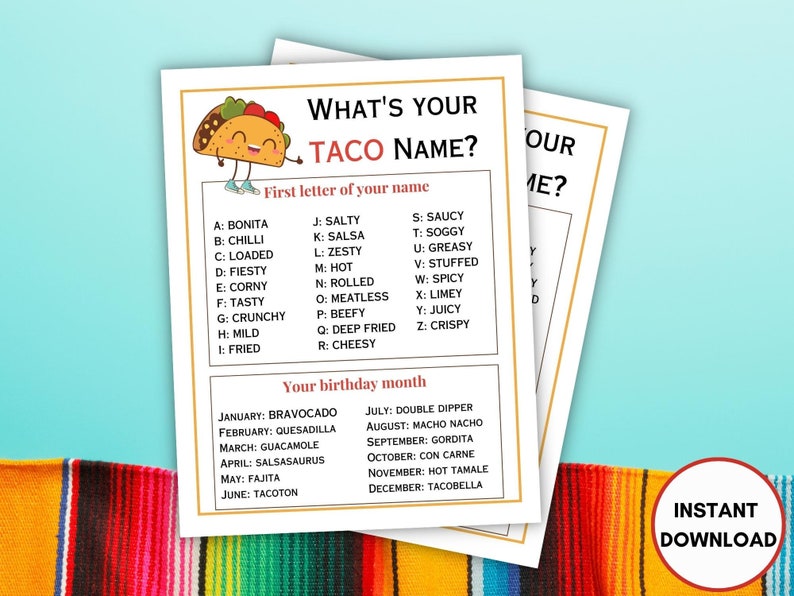 Whats Your Taco Name, Whats My Taco Name, Cinco De Mayo Games, Taco ...