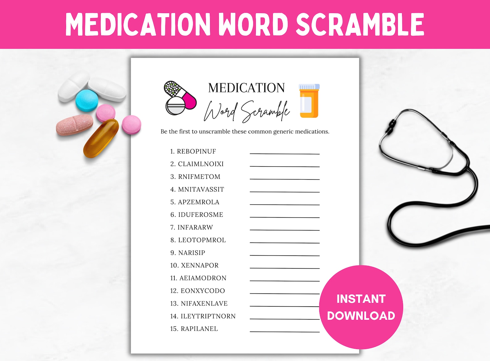 Generic Medication Scramble, Printable Pharmacy/medical Games, Doctor ...