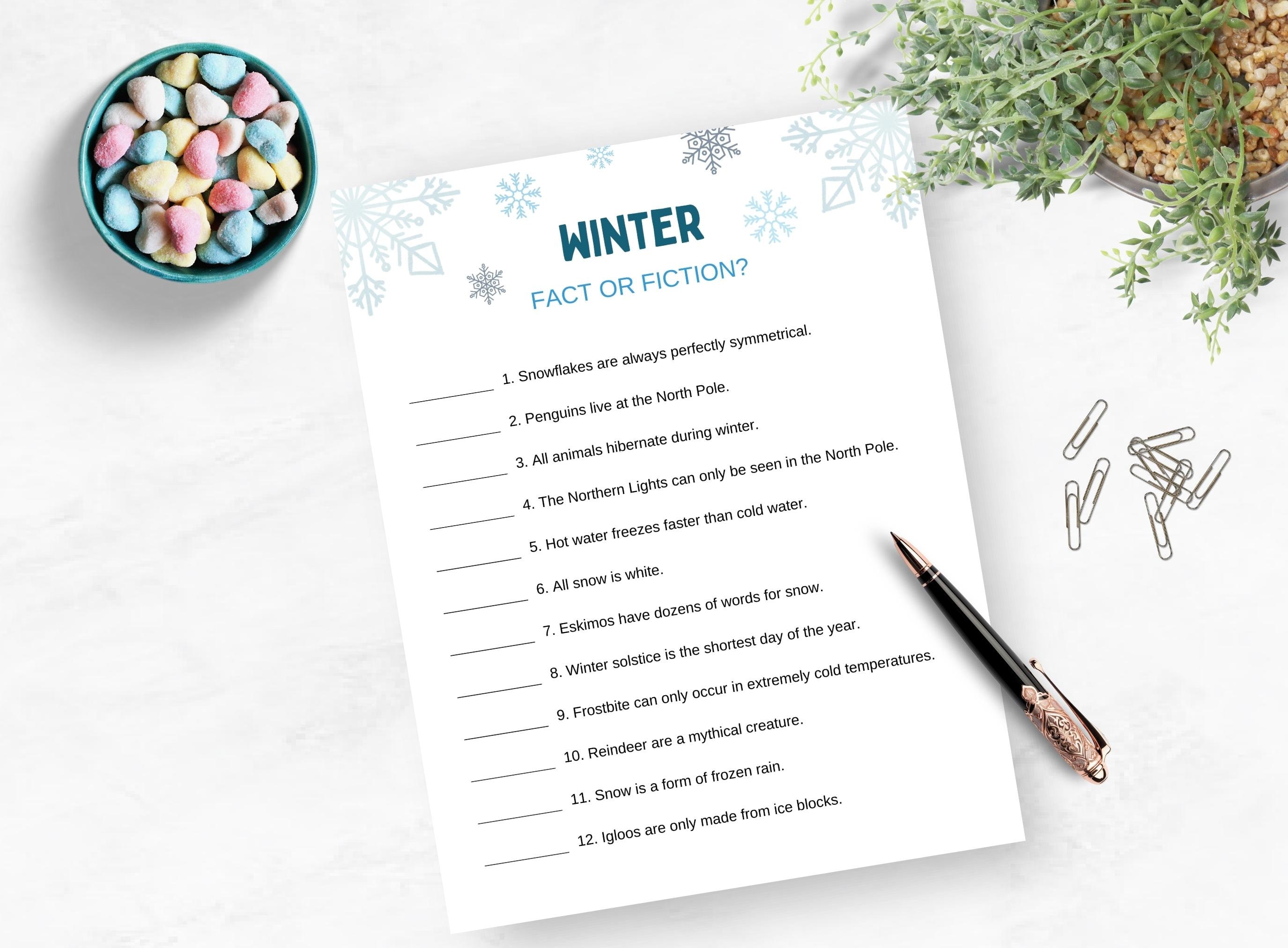 Winter Fact or Fiction, Printable Winter Activity, Family Activity ...