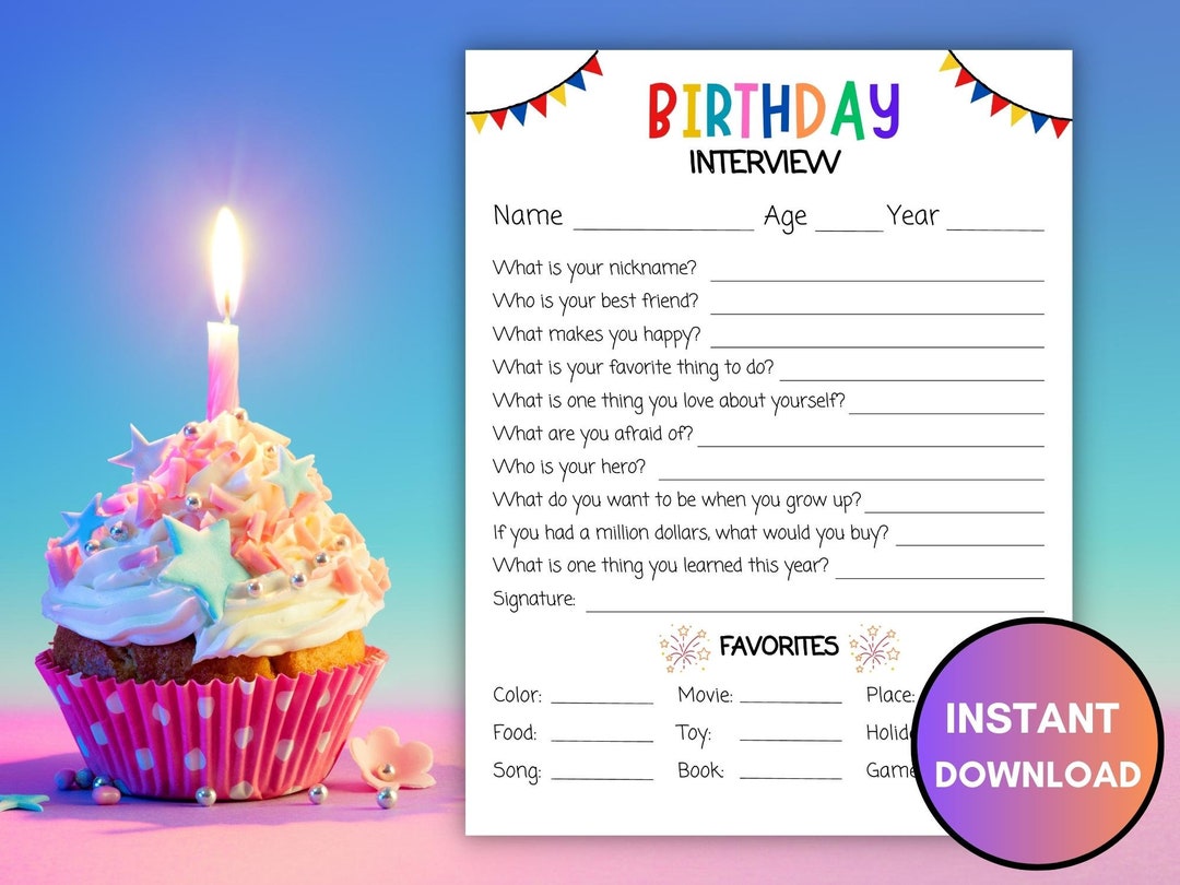 Printable Kids Birthday Interview, All About Me Questionnaire, Annual ...