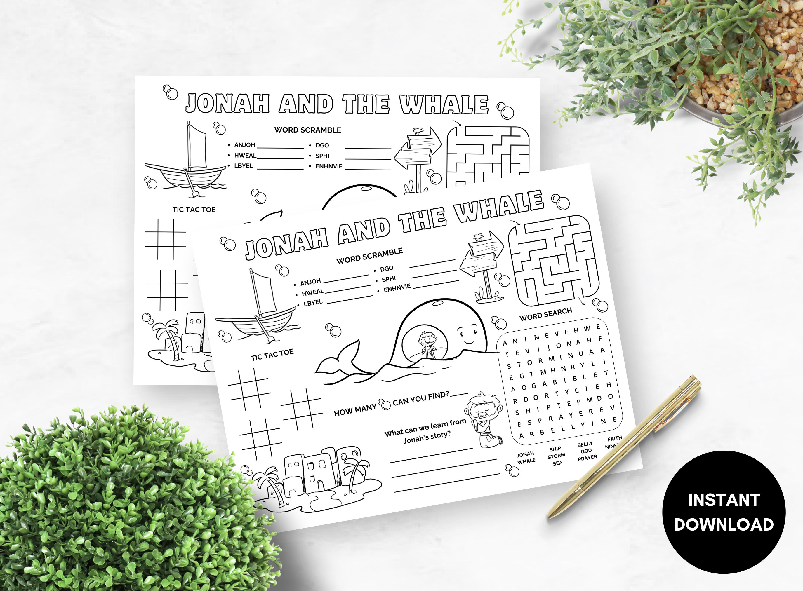 Jonah and the Whale, Printable Bible Activity Placemat, Sunday School ...