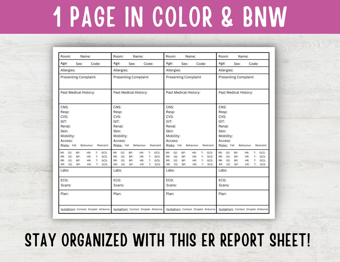 ER Report Sheet, Nursing Report Sheet, ER Nurse Brain, RN Report Sheet ...